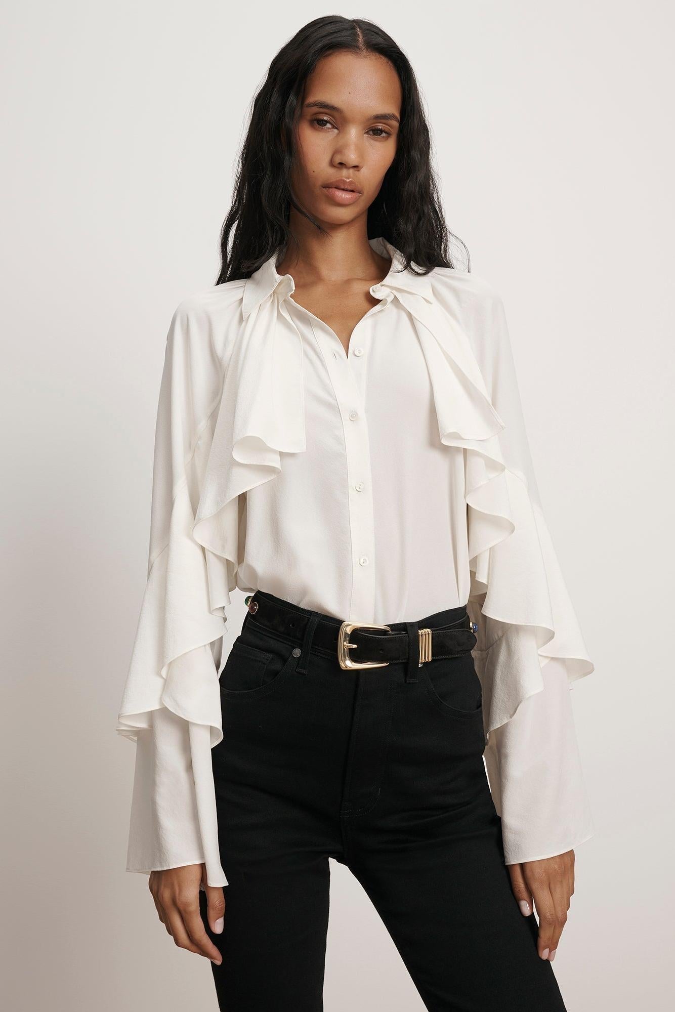 Demaris Ruffled Button-Down Blouse Dove - Veronica Beard – Tocca Finita