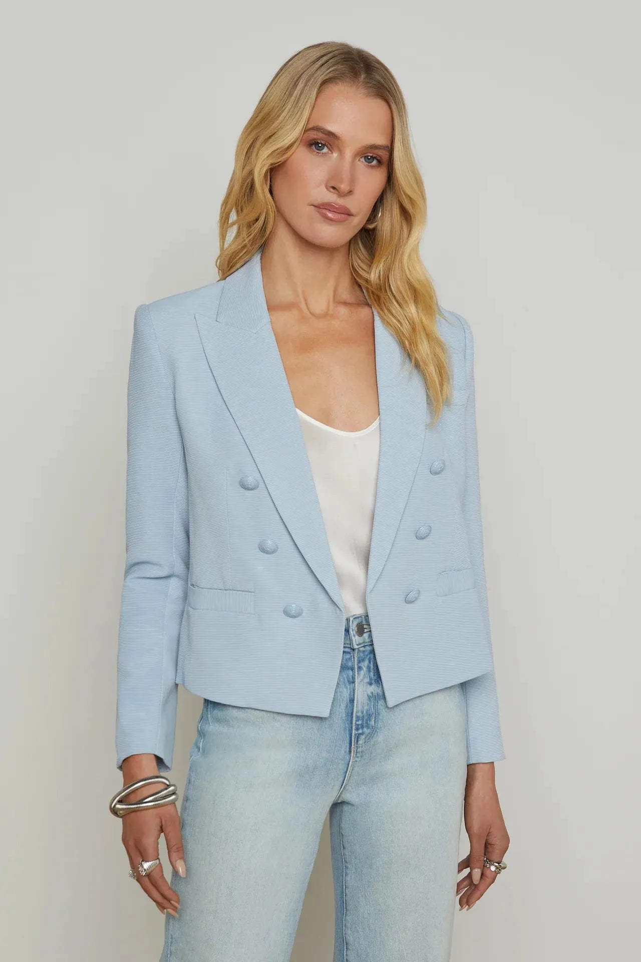 Brooke Open-Front Blazer In Blue Fog Scroll Toile - L'Agence – Tocca Finita